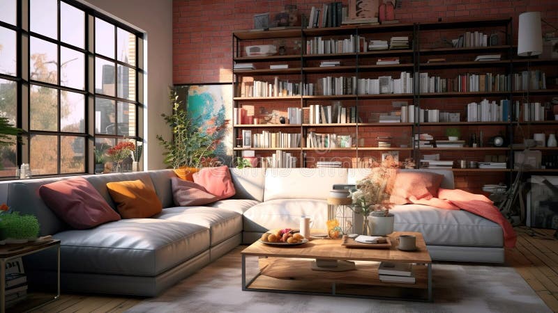 Living Room Interior with Rack of Book Stock Illustration ...