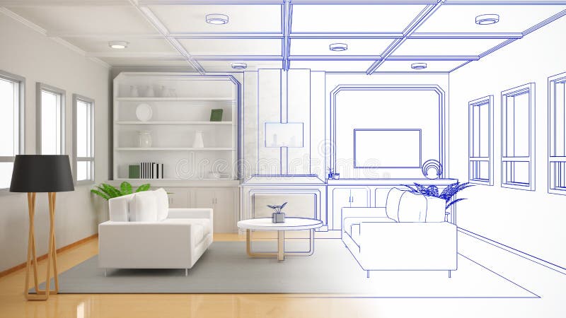 Living Room Interior Renovate with Blueprint Stock Illustration ...