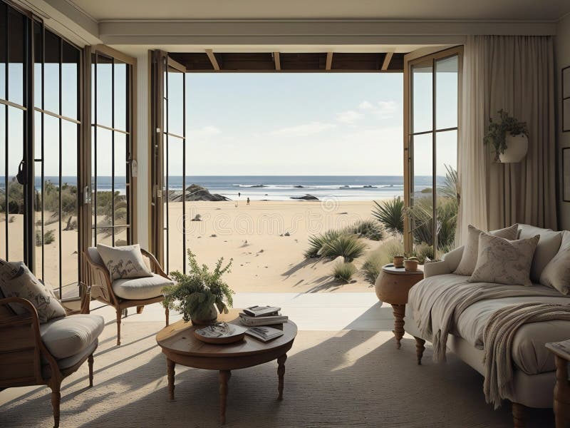Living Room Interior with Sea View and Sand Dunes. Generative Ai Stock ...