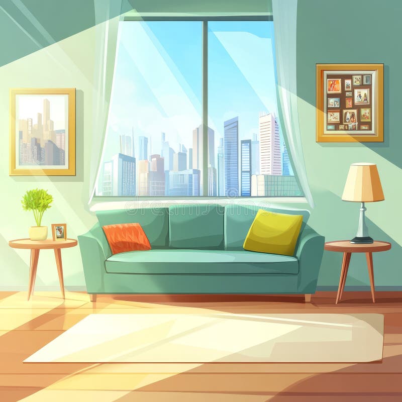 Living Room Interior with Sofa, Window and City View, Vector ...