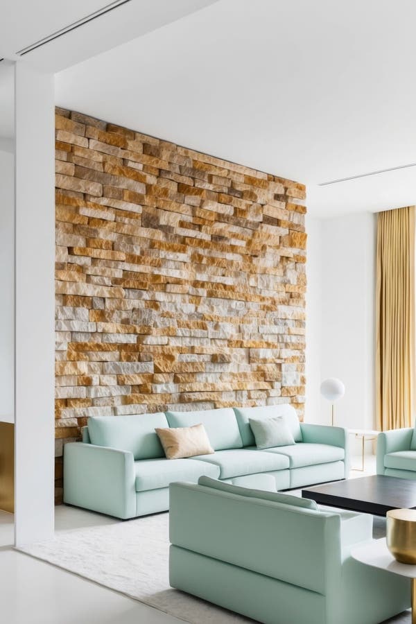 Living Room Interior with Stone Wall in Gold and Mint Colors. Stock ...