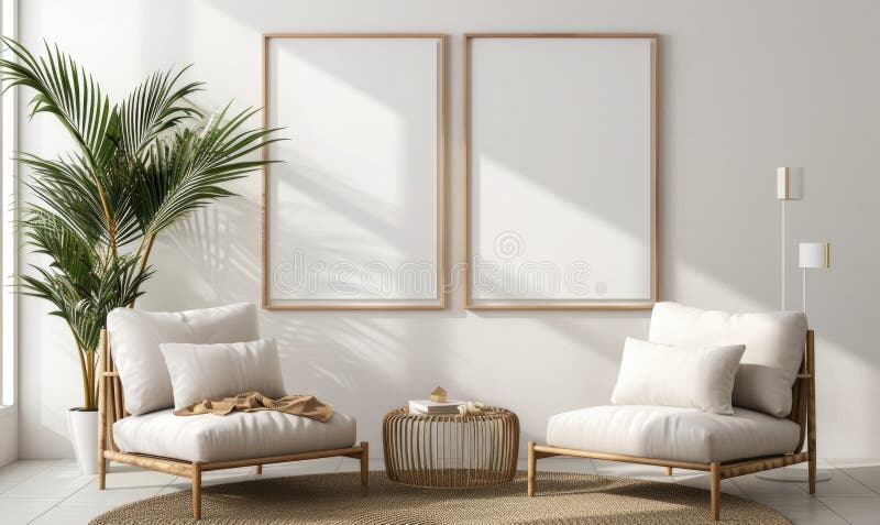 Living Room Interior with Two Vertical Posters Mockups on the Wall ...