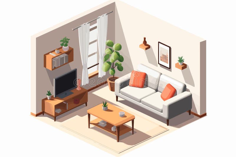 Living Room Isometric Vector Flat Minimalistic Isolated Illustration ...
