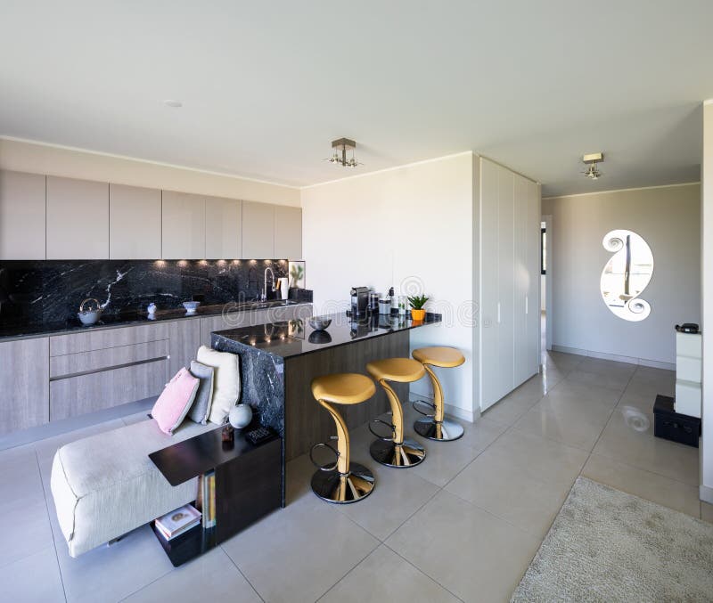 Living Room and Kitchen in Open Space, Modern Apartment Stock Photo ...