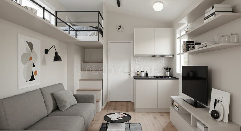 Living Room with Kitchenette and Loft Bed in Modern Tiny Apartment Stock Illustration ...