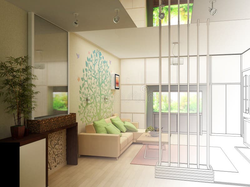 Living Room with Landscape View, 3D Interior Stock Image - Image of ...