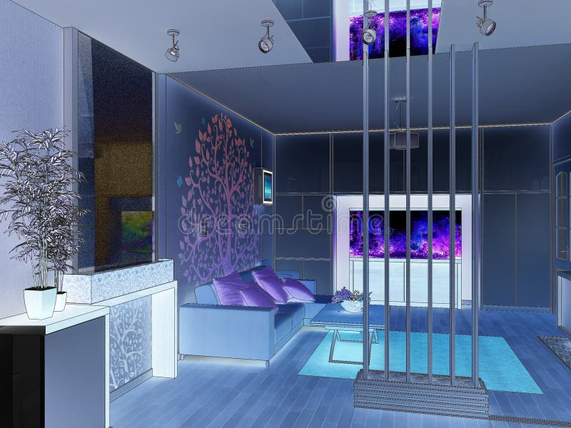 Living Room with Landscape View, 3D Interior Stock Photo - Image of ...