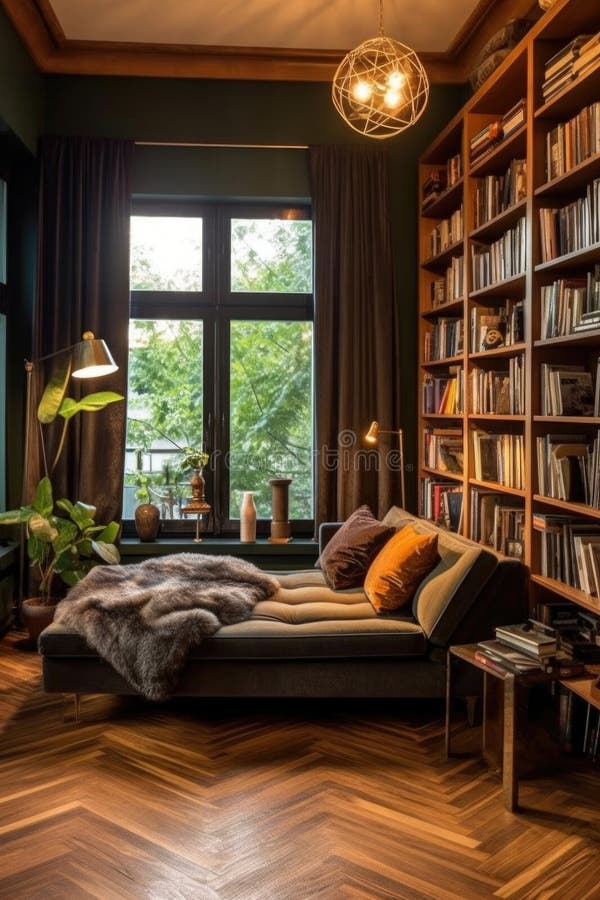 Living Room with a Large Bookshelf and a Comfortable Reading Nook Stock ...