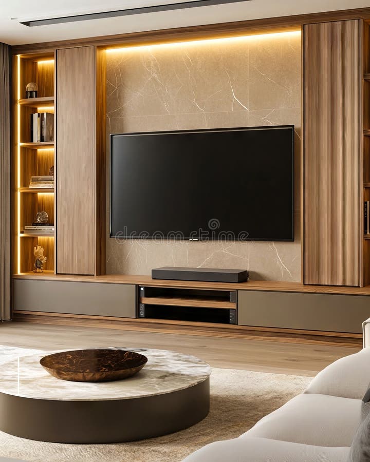 A Living Room with a Large Flat Screen Television Mounted on the Wall ...