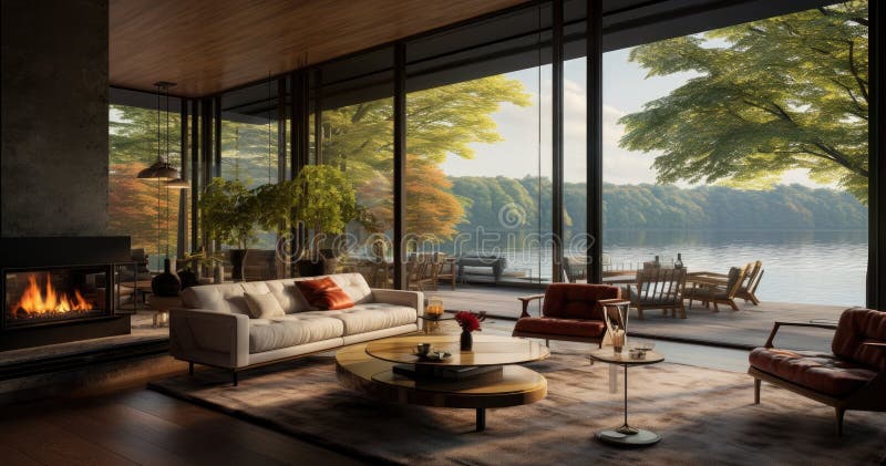 Living Room with Large Glass Windows Overlooking a Lake Stock ...