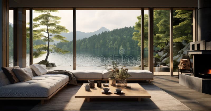 Living Room with Large Glass Windows Overlooking a Lake Stock ...
