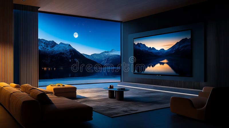 A Living Room with a Large Screen on the Wall Stock Photo - Image of ...