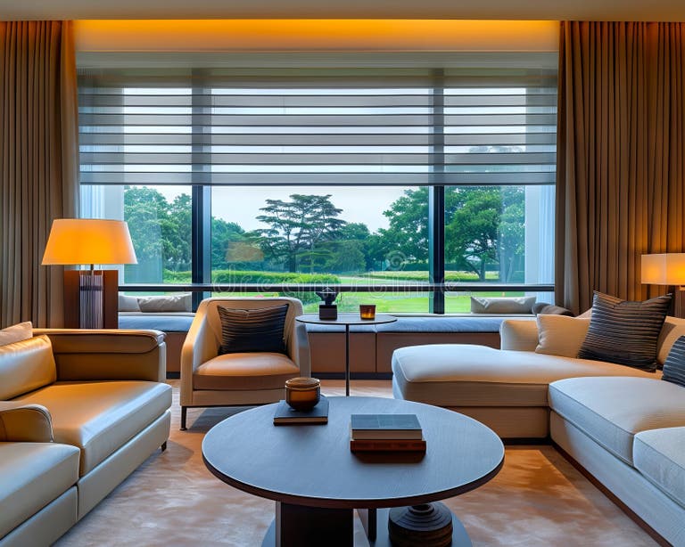 A Living Room with a Large Window and a Couch Stock Photo - Image of ...