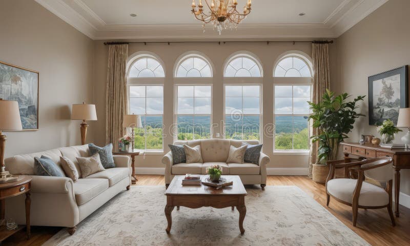 Living Room with Large Window and Couch Stock Photo - Image of ...