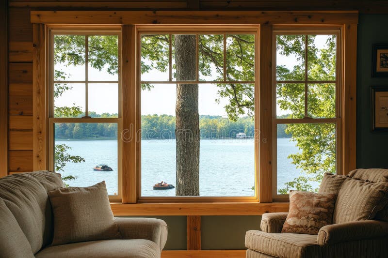 A Living Room with a Large Window Overlooking the Water. Stock Photo ...