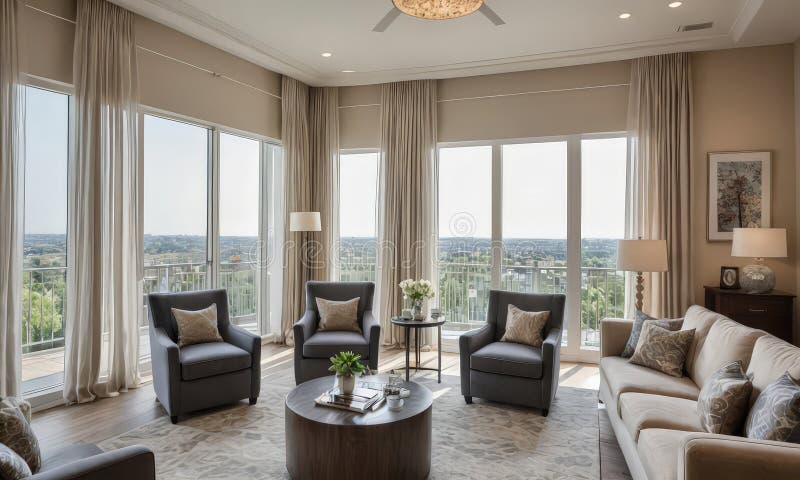 Living Room with Large Window and View Stock Illustration ...