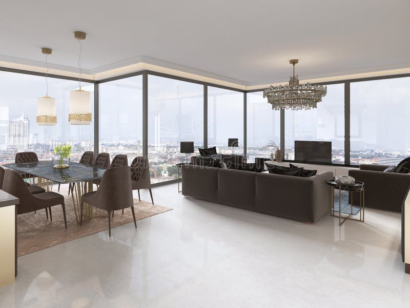 Living Room with Large Windows and Beautiful Views of the City Stock ...