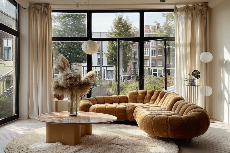 Living Room with Large Windows and a Brown Tufted Sofa, in the Style of ...