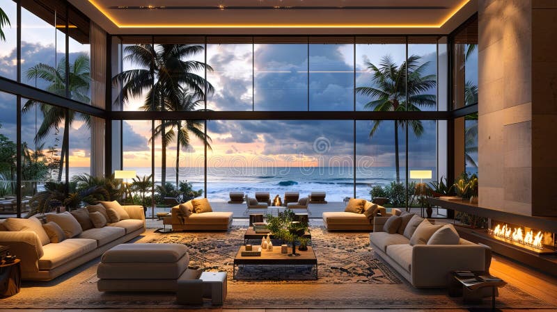 A Living Room with Large Windows Overlooking the Ocean Stock Image ...