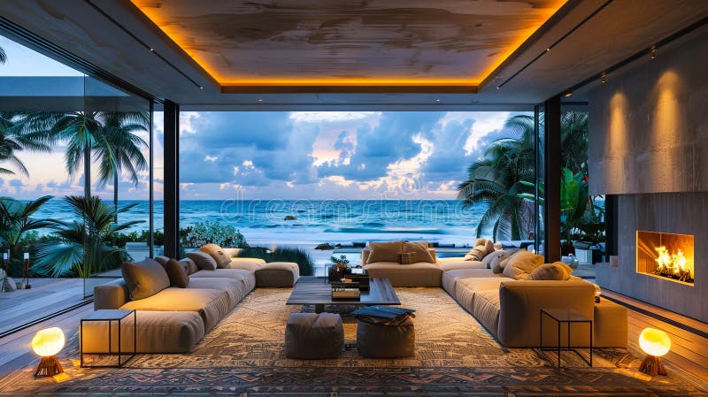 A Living Room with Large Windows Overlooking the Ocean Stock Image ...