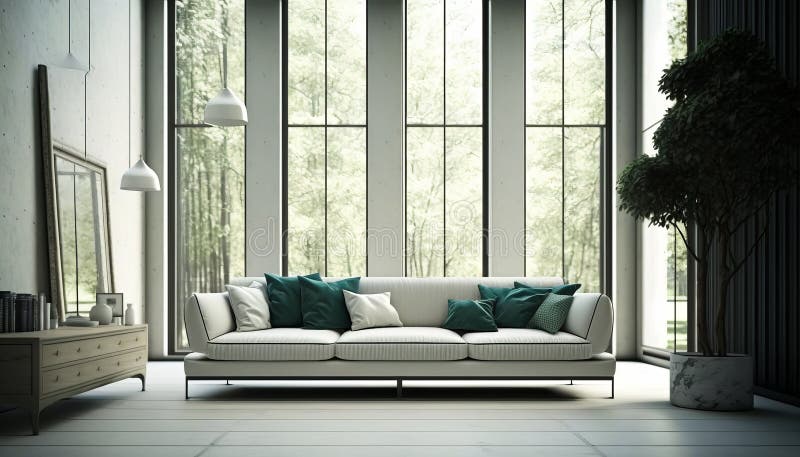Living Room with Large Windows and White Couch. Generative AI Stock ...