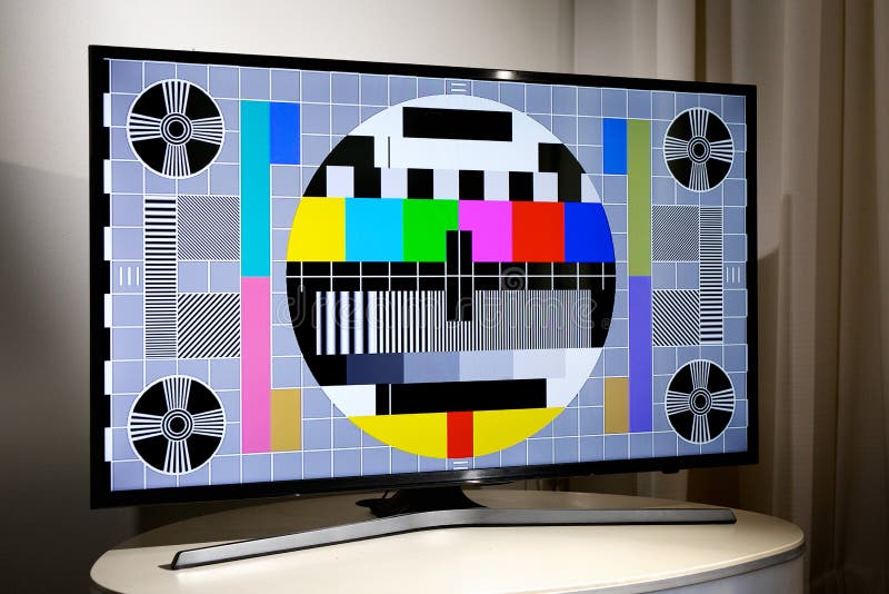 Living Room with LCD Television Displaying Multi Colored Test Screen ...