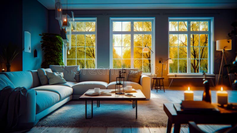 Living Room with Lot of Windows and Couch in the Middle of the Room ...