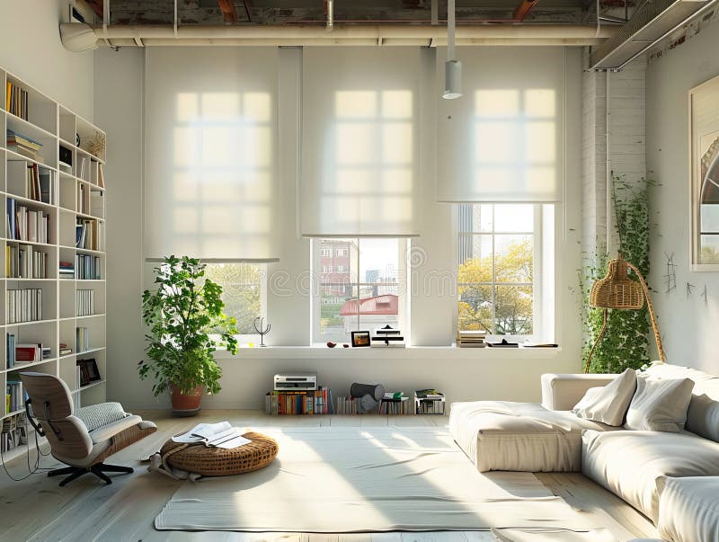 A Living Room with Lots of Windows and Bookshelves Stock Photo - Image ...