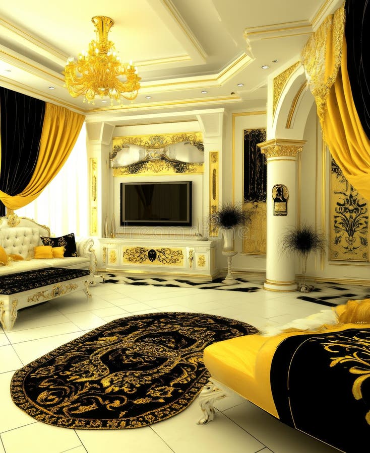 The Living Room is a Luxurious Space Adorned with Gold and Black Decor ...