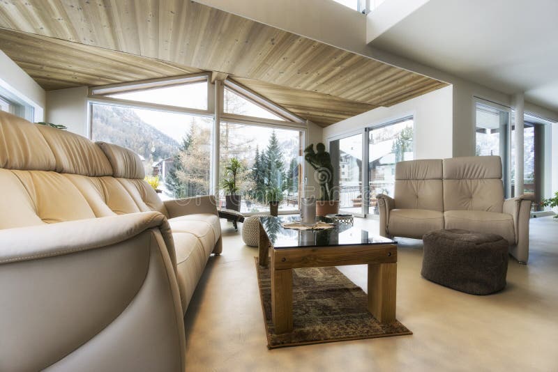Living Room of Luxury House with Mountain View Stock Photo - Image of ...