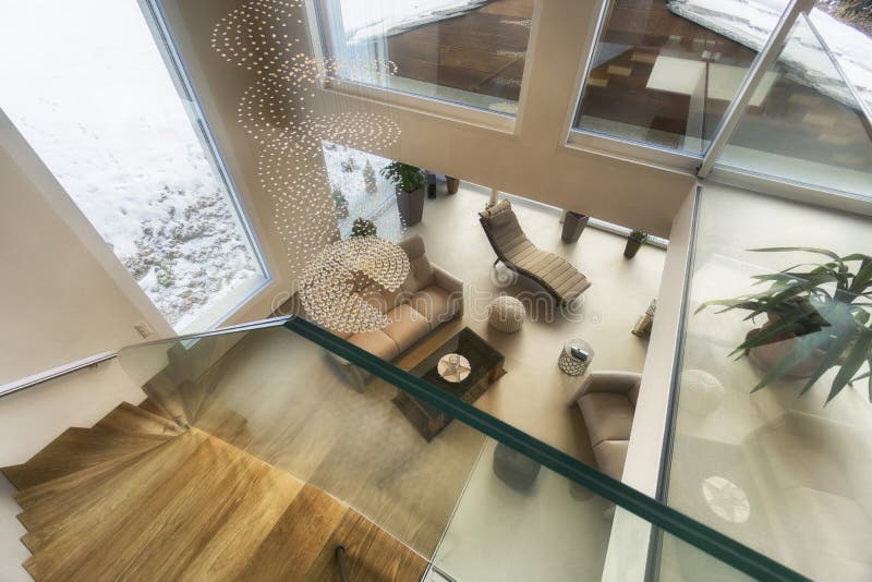 Living Room of Luxury House with Mountain View in Modern Design Stock ...