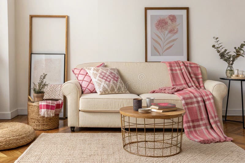 Living Room with Mock-up Poster Frame and Round Coffee Table Stock ...