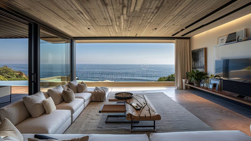 Living Room in Modern House Overlooking Ocean, Generative AI Stock ...