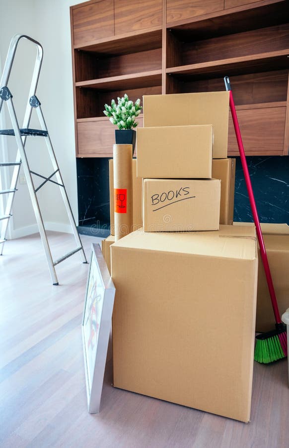 Living Room with Moving Boxes Stock Photo - Image of object, moving ...