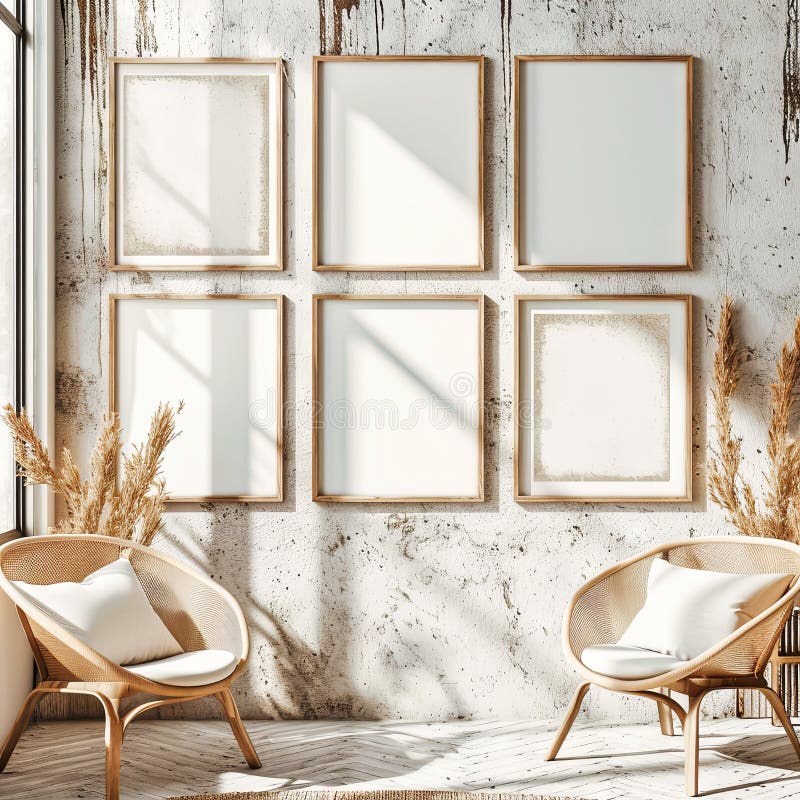 Living Room with Multiple Frames on Wall Stock Image - Image of ...