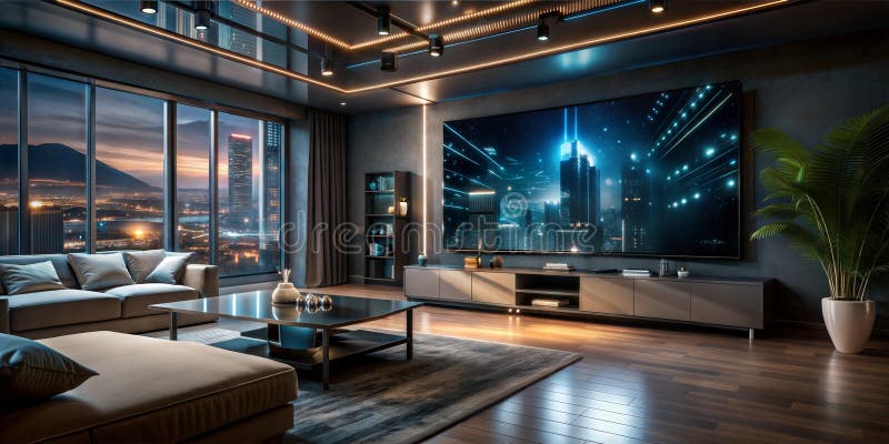 Living Room with Neon Ambience and Large High-Tech Display Screen Stock ...