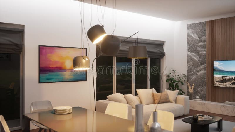 Living Room by Night, Lighting Set and Switch between Soft and Cool ...