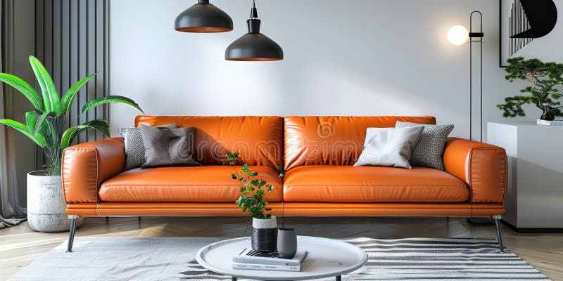A Living Room with an Orange Leather Couch Stock Photo - Image of ...