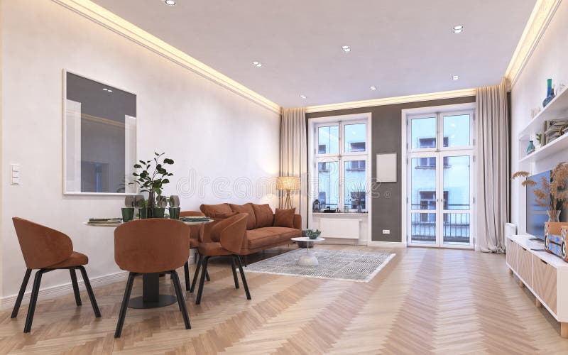 Living Room with Orange Sofa, Dining Area, and Plants Stock ...