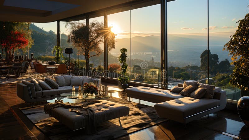 A Living Room with Panoramic Windows, Opening a View of the City ...