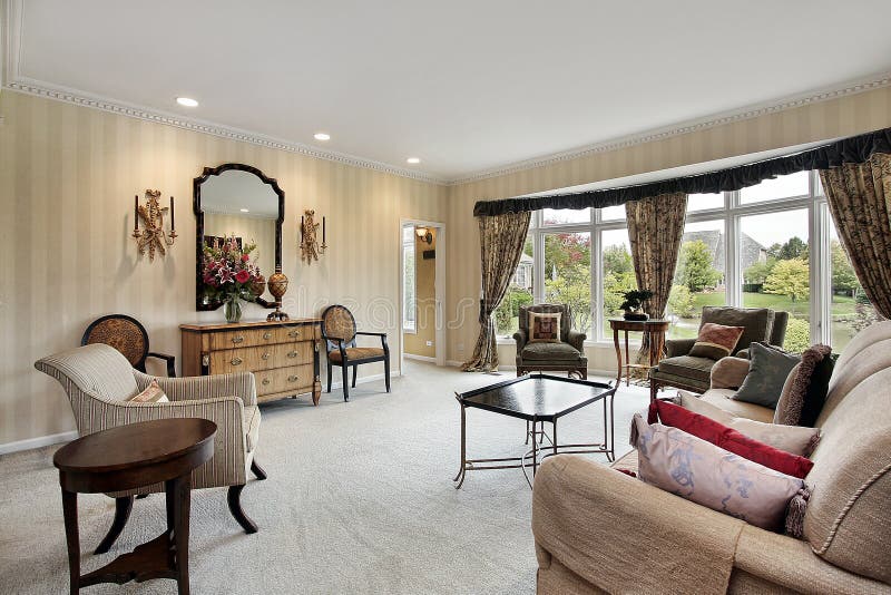 Living Room with Brick Fireplace and Carpet. Stock Photo - Image of ...