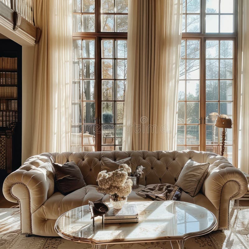 Living Room with Plush Sofa and Large Windows - Interior Design ...