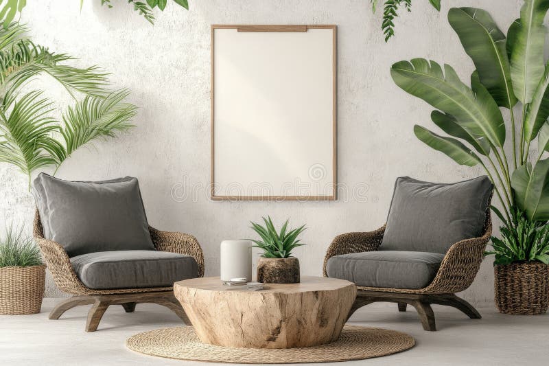 Living Room with Poster and Armchairs in White Stock Illustration ...