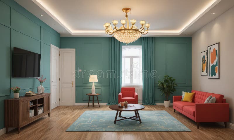 Living Room with Red Couch and Blue Rug Stock Illustration ...