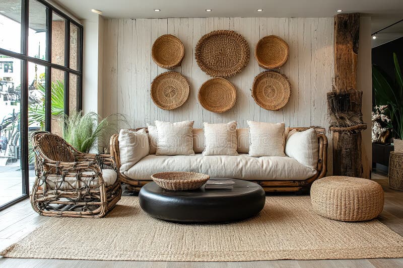 Living Room with a Round Rug, a Black Coffee Table Stock Image - Image ...