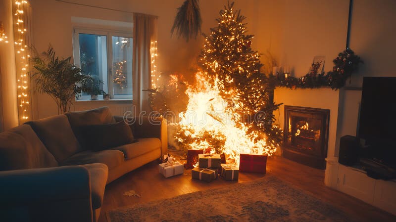 A Living Room Scene with a Christmas Tree on Fire, Demonstrating the ...