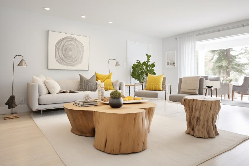 Living Room with Sculptural Tree Stump Tables Stock Image - Image of ...