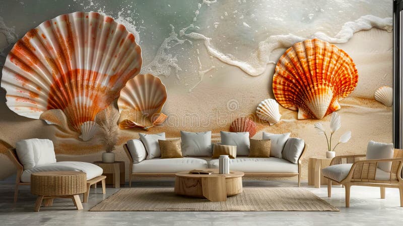A Living Room with Shells and Seashells on the Wall Stock Photo - Image ...