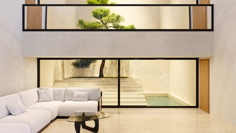 Living Room Sofa with Tree Open Space Room at Modern House , 3D ...