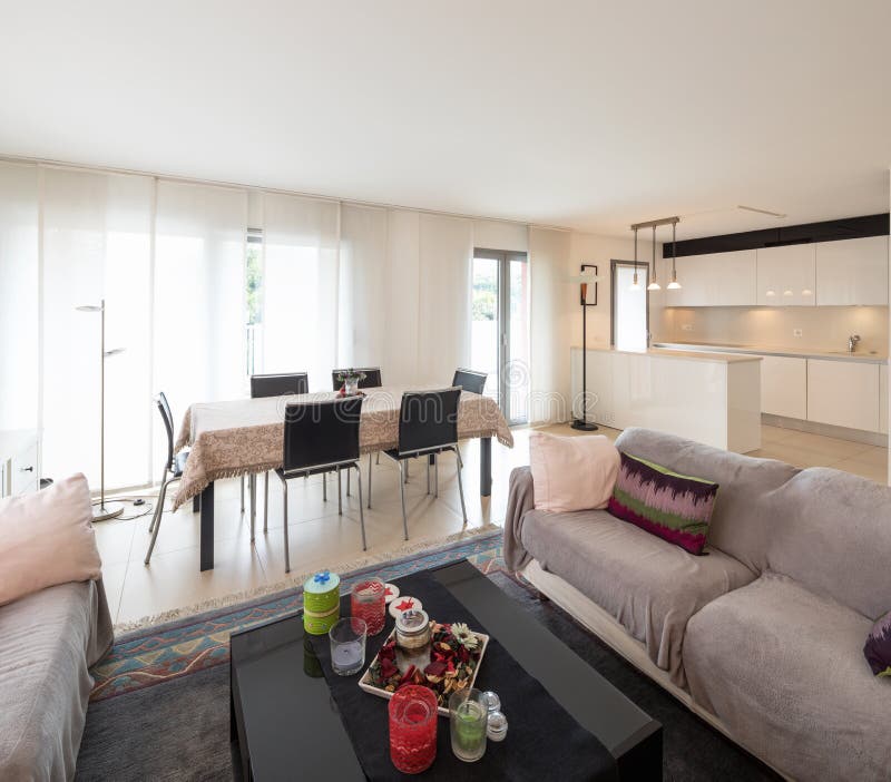 Living Room with Sofas, Table with Chairs To Eat and a Modern Kitchen ...